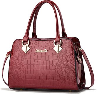 Nicole & Doris Moderne Handtaschen Damen Henkeltasche Elegante Mittelgro&szlig; Schultertasche Lackleder Umh&auml;ngetasche f&uuml;r B&uuml;ro Schule Einkauf Burgunderrot