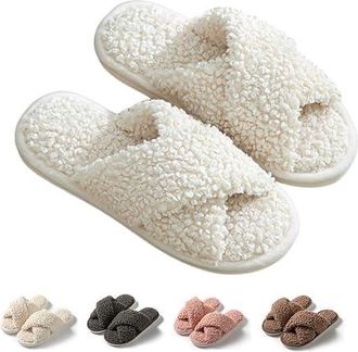 Generic Chaussons Femme Bandes Crois&eacute;es Flous Slide &Agrave; Doigts Ouverts en Mousse M&eacute;moire Plush, Chausson Chauds Confortables pour Chambre Maison Int&eacute;rieur,Blanc