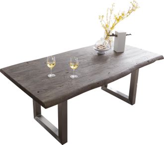 DELIFE Esszimmertisch Edge Akazie Platin 200x100 XL Edelstahl Breit Live-Edge