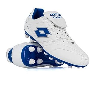 Lotto Stade 200 III FG, Homme, Chaussure de Football en Cuir, Tout blanc bleu Pacifique, 47 EU