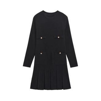 Generic Mini robe plissée noire en tricot avec poches, col rond, manches longues, tenue élégante et chic pour femme, 1, L