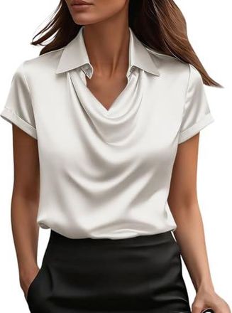 Generic Chemisier en satin pour femme - Haut &agrave; manches courtes et col en V - Hauts surdimensionn&eacute;s - Chemises &eacute;l&eacute;gantes pour f&ecirc;te, affaires, travail, bureau, 
