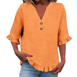 Generic Haut d&eacute;t&eacute; d&eacute;contract&eacute; en coton et lin pour femme - Manches 3/4 &agrave; volants - T-shirt basique ample et confortable - Chemisier de travail daffaires, Oran