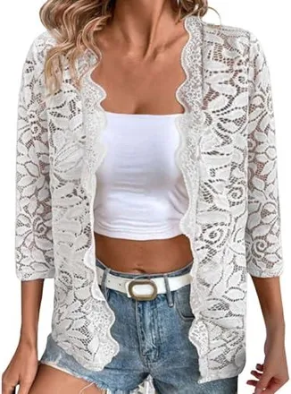 Generic Cardigan ajouré texturé léger à manches 3/4 avec boutons en dentelle pour lété, blanc, XXL