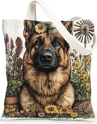 Generic Sac fourre-tout en toile motif chien berger allemand printanier pour faire du shopping, 33 x 38,1 cm, sac d&eacute;picerie r&eacute;utilisable pour femme, ferme, an