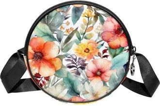 Generic Petit sac &agrave; bandouli&egrave;re circulaire pour femme, motif feuilles florales, sac &agrave; dos avec fermeture &eacute;clair, bretelles r&eacute;glables, sac &agrave; main rond d&eacute;contra