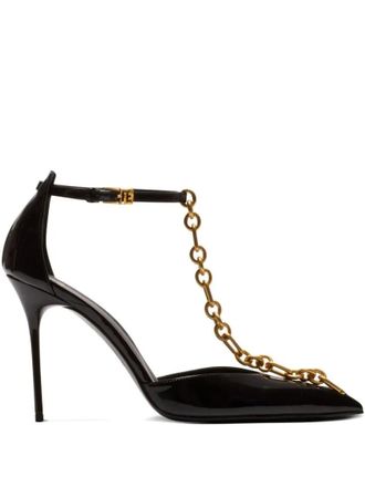 Balmain Hohe Schuhe - Glossy Pointed-Toe Pumps With Gold Chain Detailing - Gr. 37,5 (EU) - in Schwarz - f&uuml;r Damen