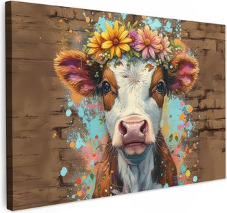 MuchoWow © Bilder Groß 120x80 cm XXL Wohnzimmer Deko Modern Wandbild Kunstdruck auf Leinwand Bild Schlafzimmer über Bett Room Decor Geschenke Kuh - Graffiti - 