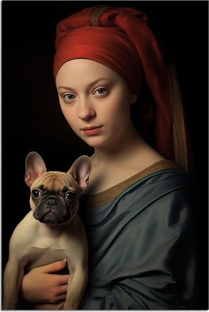 Wallario Glasbild Dame mit Hund - 60 x 90 cm Wandbilder Glas in Premium-Qualität: Brillante Farben, freischwebende Optik