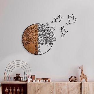Wallity Elegant Decorative Wooden Wall Accessory, 60 x 56 cm | 100% Wooden (3 cm) & Metal (1.5 mm) | Stylish Walnut & Black Design, Easy Wall Mounting