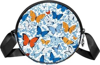Generic Sac &agrave; bandouli&egrave;re rond pour femme, petit sac &agrave; bandouli&egrave;re avec fermeture &eacute;clair, bretelles r&eacute;glables, style d&eacute;contract&eacute;, motif papillons color&eacute;s