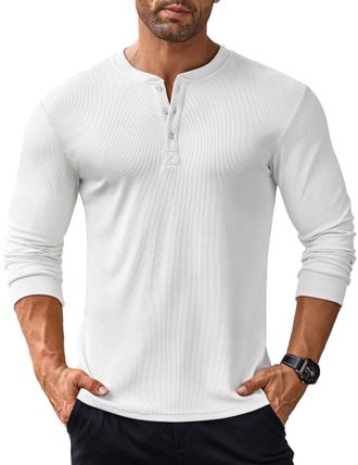 Coofandy Langarmshirts für Herren Henley Shirt Longsleeve T-Shirt mit Knopfleiste Langarm Shirt Henley Pullover Gerippt Dünner Pullover Long Sleeve Shirts Weiß