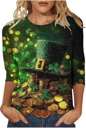 Generic Chemises de la Saint-Patrick pour femme - Manches 3/4 - Motif tr&egrave;fle irlandais - Couleur unie - Haut d&eacute;t&eacute; ample - Col rond, Jaune-3., 3XL