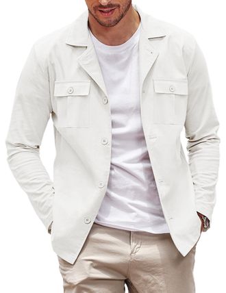 Coofandy Herren Casual Hemdjacke Langarm Knopfleiste Overshirt Leichte Jacke mit Taschen, Weiss/opulenter Garten, L
