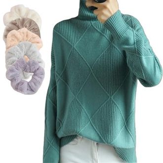 Generic Pull tricoté à col roulé à motif losanges pour femme, pull à manches longues pour automne, coupe ajustée, pull surdimensionné, Vert, XXL