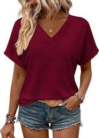 Zeagoo T-shirt pour femme - Col en V - Manches courtes - &Eacute;l&eacute;gant - D&eacute;contract&eacute; - Couleur unie - Tailles S &agrave; 2XL, Bordeaux, XXL