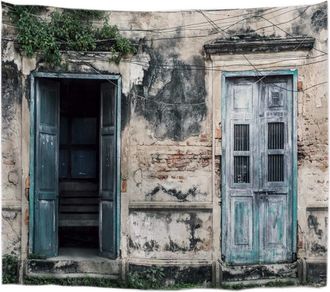 A.Monamour Wanddekor Wandteppiche Landschaft Verlassenen Alten Rock Backstein-Haus Mit Hölzernen Blauen Tür Grunge Rustikale Drucken Stoff Wandbehang Gobelin Wan