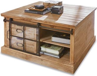 Loberon Couchtisch Finegand, Mix, mit Schiebet&uuml;r & Vier Schubladen, Industrial-Style, Wohnzimmertisch, Sofatisch, Tannenholz, Eisen, Glas, antikbraun