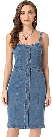 Allegra K Robe en Jean boutonnée pour Les Robes en Jean sans Manches à col en coeur pour Femme Bleu Ciel S