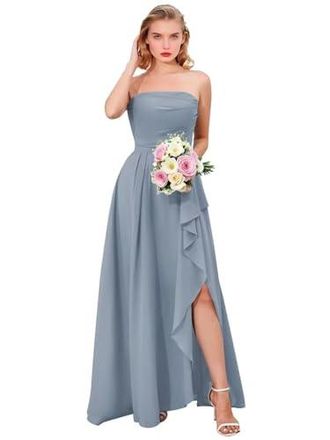 Generic Robe de demoiselle dhonneur longue sans bretelles avec fente sur les épaules dénudées et volants en mousseline de soie - Robe dinvité de mariage forme