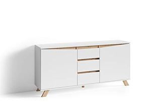 Byliving Sideboard VALENTIN / Kommode Artisan Eiche hell-braun mit weiß Kombination / Schrank mit 2 Türen und 3 Schubläden / im Scandi-Style / Grifflos / B 160