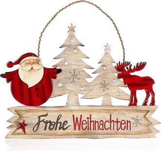 Com-Four D&eacute;coration Suspendue de No&euml;l - Lettre de Suspension en Bois avec Le P&egrave;re No&euml;l et l&eacute;lan - Plaque de Porte en Bois de No&euml;l pour Porte, fen&ecirc;tre ou Mur (P