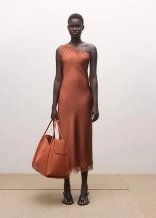 Mango Robe satin&eacute;e dentelle asym&eacute;trique orange br&ucirc;l&eacute; - Femme - S - MANGO