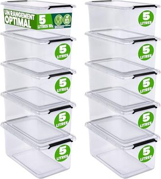 Deuba 10x Bo&icirc;te de rangement 5L plastique transparent empilable sans BPA gain de place caisse de rangement organiseur