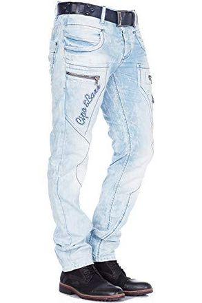 Cipo & Baxx Jean droit en denim pour homme - Logo brodé - Coutures épaisses - Pantalon décontracté pour motard, bleu clair, 29
