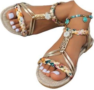 Generic Sandales boh&egrave;me pour femme 2026 - Chaussures plates d&eacute;t&eacute; habill&eacute;es avec sangle de cheville &eacute;lastique - Chaussures de plage antid&eacute;rapantes - Confortabl