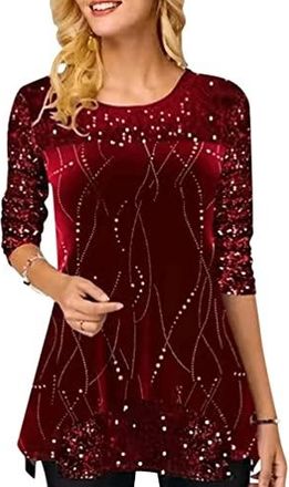 ORANDESIGNE T-Shirt &agrave; Manches Longues Femme Hauts Longs Paillettes Tunique Col Rond Hauts &agrave; Une &eacute;paule Chemisiers Grande Taille Paillettes Tee Shirt Longues Blous