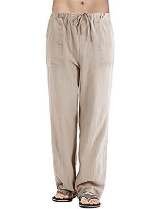 Heekpek Pantalon Homme en Lin Pantalon Jogging avec Poches Taille &Eacute;lastique L&eacute;ger Respirant Pantalon D&eacute;contract&eacute; Homme &Eacute;t&eacute; Pantalon de Yoga Plage, Kaki, Taill