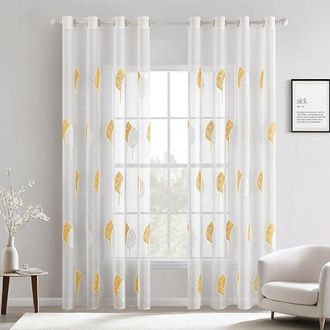 Miulee Rideaux Voilage avec Beau Motif de Feuilles Jaune et Blanc, Intérieurs Rideau Voile Brodé a Oeillets Largeur 140 CM Hauteur 225, Transparent Voilage F