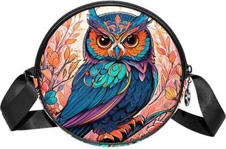 Generic Sac &agrave; bandouli&egrave;re rond pour femme, motif hibou color&eacute; avec fermeture &eacute;clair, bretelles r&eacute;glables, sac &agrave; main rond d&eacute;contract&eacute; pour femmes et filles