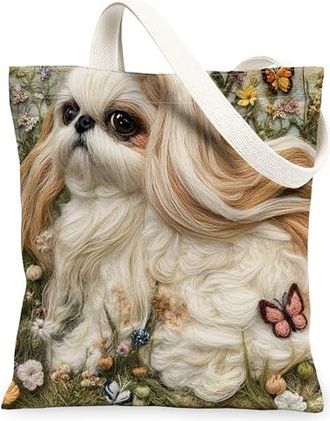 Generic Sac fourre-tout en toile motif chien japonais pour faire du shopping, 33 x 38,1 cm, sac d&eacute;picerie r&eacute;utilisable pour femme, peinture danimaux domestiqu