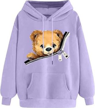 Generic Sweat &agrave; capuche d&eacute;contract&eacute; &agrave; manches longues avec capuche et poche Motif ours mignon pour femme, violet, L