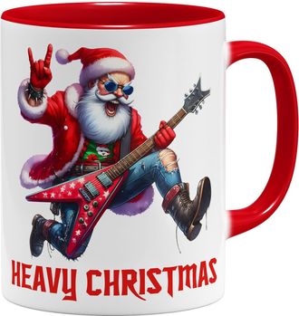 OM3 Heavy Christmas Kaffee-Tasse Lustige Weihnachtstasse f&uuml;r Rocker & Heavy Metal Fans - Santa und E-Gitarre - Keramik Becher - 325ml - Beidseitig Bedruck