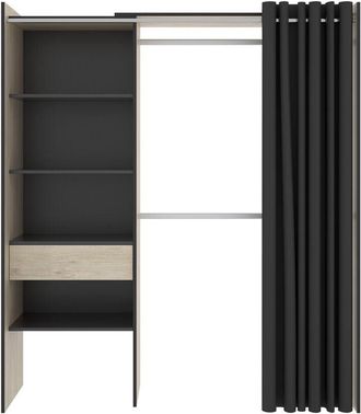 PEGANE Armoire dressing avec penderies, 1 tiroir et 1 rideau coloris ch&ecirc;ne naturel, graphite - Longueur 160 x Profondeur 50 x Hauteur 205 cm