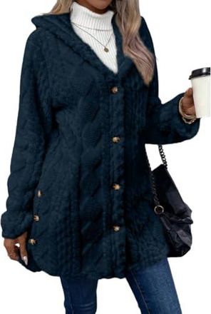 Generic Cardigan &agrave; capuche en jacquard, tendance, d&eacute;contract&eacute;, manches longues, ouvert sur le devant, cardigan en polaire tricot&eacute;e jacquard, bleu marine, XXL