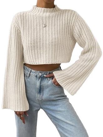 Generic Chandail court d&eacute;contract&eacute; pour femme, coupe d&eacute;contract&eacute;e, col montant, grosse maille, manches longues cloches, c&ocirc;tel&eacute; abricot, taille S pour un usage