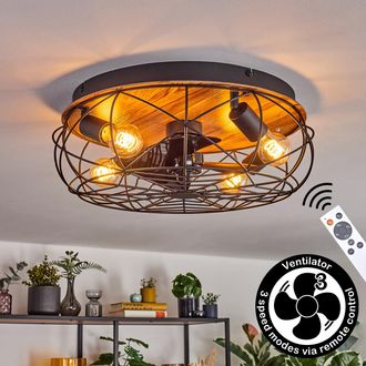 HOFSTEIN LED Deckenventilator Tourais, Ventilator aus Metall/MDF in Schwarz/Holzoptik, Deckenleuchte im Retro/Vintage-Design in Gitter-Optik, Lichteffekt u. Fe