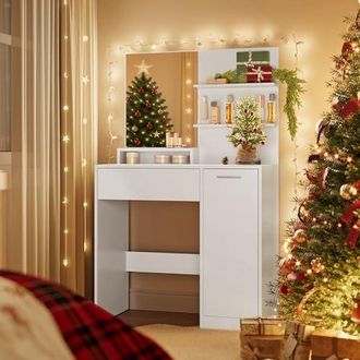 Vasagle Schminktisch, Frisiertisch, mit Spiegel, Aufbewahrungsfach, 2 verstellbare Ablagen hinter der TÜr, 1 Schublade, 2 Ablagen, weiß RDT119W01