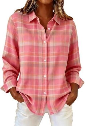 Generic Chemisier &agrave; carreaux pour femme - Manches longues - Col &agrave; revers - Boutonni&egrave;re - Hauts d&eacute;contract&eacute;s - Tendance - Coupe ample - Chemise &agrave; manches longu