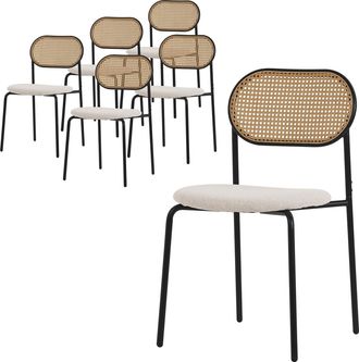 ML Design ML-Design Esszimmerst&uuml;hle 6er Set Beige, K&uuml;chenstuhl mit Rattan R&uuml;ckenlehne, Gepolsterte St&uuml;hle mit gebogener Netzr&uuml;cke, Rattanstuhl mit Metallbeinen,