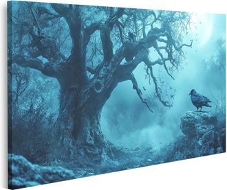 Islandburner Prime Bild auf Leinwand Mystischer Baum und Rabe im Nebel für Wohnzimmer Natur-Liebhaber Wellness-Spa Bilder Wandbilder Poster