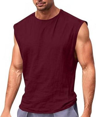 Generic Chemise en lin l&eacute;g&egrave;re et classique sans manches pour homme, couleur unie, respirante, extensible, &eacute;l&eacute;gante, polyvalente, confortable, col rond, chemis