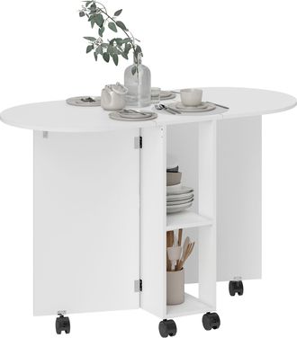 HOMCOM Klappbarer Esstisch auf Rollen, K&uuml;chentisch f&uuml;r 4 Personen mit 2 Klappen und 2 Aufbewahrungsregalen, f&uuml;r kleine R&auml;ume, 120 x 60 x 77 cm, wei&szlig;