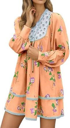 Generic Robe boh&egrave;me 2026 pour femme - Mini robe chemise florale - Col en V - Manches longues - V&ecirc;tement de d&eacute;tente d&eacute;contract&eacute;, Orange, XXL