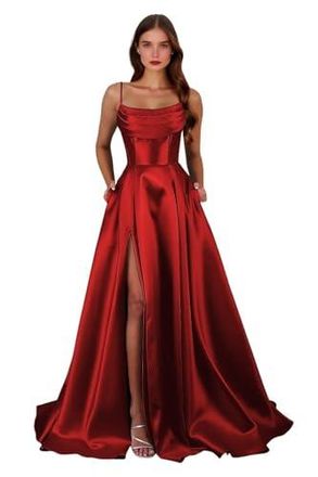 Generic Robes de bal en satin à bretelles spaghetti avec fente trapèze, robes de bal longues robes de soirée formelles avec poches, Rouge, 52 Grande taille