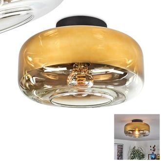 HOFSTEIN Plafonnier Boza, plafonnier rond en m&eacute;tal/verre noir/dor&eacute;/transparent, luminaire au design r&eacute;tro/vintage moderne avec abat-jour en verre (&Oslash; 28 cm), 1 